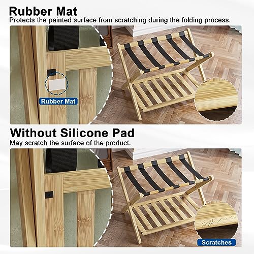 Smuxee Fully Assembled Luggage Rack Pack of 2, Upgraded Bamboo Foldable Suitcase Stand with 5 Nylon Straps, Luggage Holder with Shelf for Guest Room Bedroom Hotel (Nature Luggage Rack 2pcs)