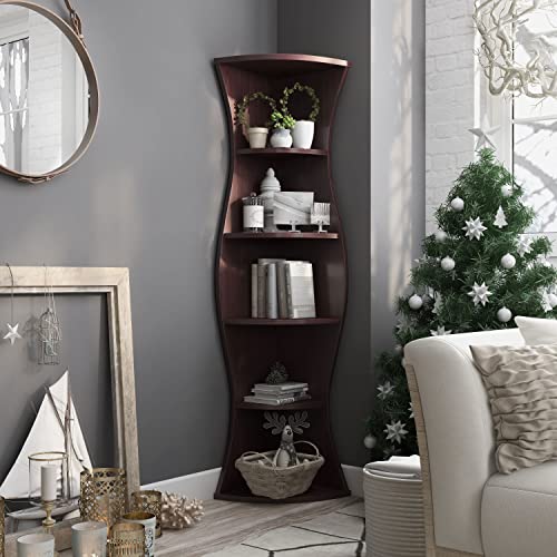 PayLessHere Contemporary Corner Shelf 5 Tier Corner Bookcase Wood Display Shelf for Home Office, Living Room, Bed Room,Walnut