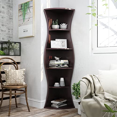 PayLessHere Contemporary Corner Shelf 5 Tier Corner Bookcase Wood Display Shelf for Home Office, Living Room, Bed Room,Walnut