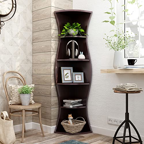 PayLessHere Contemporary Corner Shelf 5 Tier Corner Bookcase Wood Display Shelf for Home Office, Living Room, Bed Room,Walnut