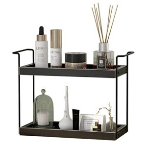 black 2 tier bathroom counter organizer, wood bathroom organizer countertop bathroom counter trays vanity organizer, bathroom sink organizer kitchen organizer for countertop coffee station organizer