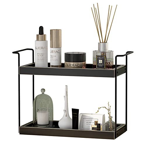 Black 2 Tier Bathroom Counter Organizer, Wood Bathroom Organizer Countertop Bathroom Counter Trays Vanity Organizer, Bathroom Sink Organizer Kitchen Organizer for Countertop Coffee Station Organizer