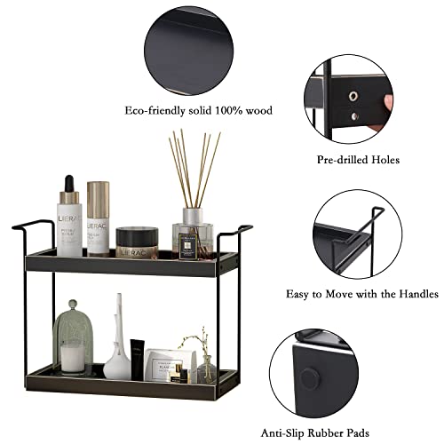 Black 2 Tier Bathroom Counter Organizer, Wood Bathroom Organizer Countertop Bathroom Counter Trays Vanity Organizer, Bathroom Sink Organizer Kitchen Organizer for Countertop Coffee Station Organizer