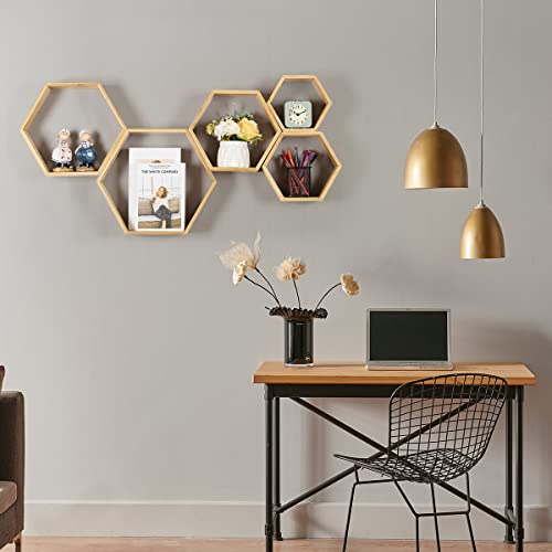 Floating Shelves Set of 5, Honey Comb Hexagon Floating Shelves Set, Hexagon Shelves for Wall, Wall Mounted Bamboo Farmhouse Storage for Bathroom, Kitchen, Bedroom, Living Room, Office(Natural Color)