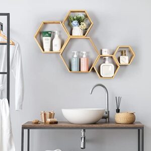 Floating Shelves Set of 5, Honey Comb Hexagon Floating Shelves Set, Hexagon Shelves for Wall, Wall Mounted Bamboo Farmhouse Storage for Bathroom, Kitchen, Bedroom, Living Room, Office(Natural Color)