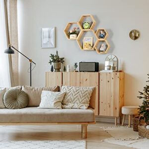 Floating Shelves Set of 5, Honey Comb Hexagon Floating Shelves Set, Hexagon Shelves for Wall, Wall Mounted Bamboo Farmhouse Storage for Bathroom, Kitchen, Bedroom, Living Room, Office(Natural Color)