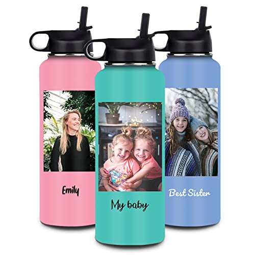 YESCUSTOM Personalized Water Bottles with Straw,18 oz Custom Text Photo Insulated Water Bottle for kids Women Men-Stainless Steel Cup Gift for Anniversary School Sports