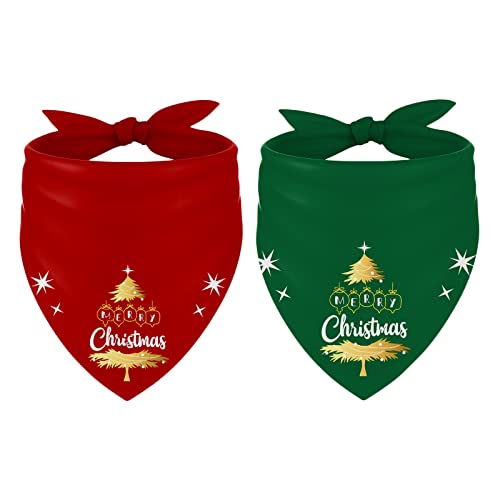 AnyDesign 2 Pack Christmas Dog Bandanas Gold Christmas Tree Bibs Red Green Merry Christmas Dog Scarf Washable Pet Neckerchief for Christmas Winter Dogs Cats Pets Decoration Xmas Party Supplies