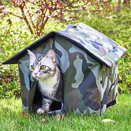 WHDPETS Cat House for Outdoor Cats, Weatherproof Feral Cat House with Mat and Doors, Easy to Put Together, Collapsible Warm Pet Nest Kitty Shelter for Winter, Never Blow Away