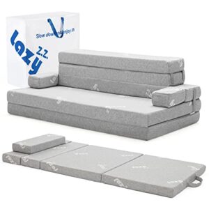 lazyzizi sleep 4 inch foldable mattress, portable floor mattress couch with headrest, washable cover, foldable foam couch full for guest bed, folding sofa bed, camping, road trip， light grey