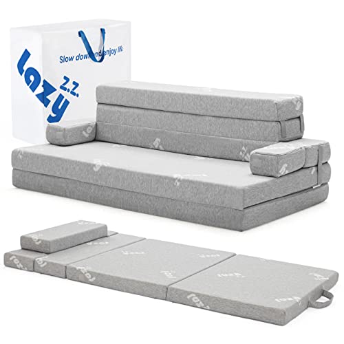 Lazyzizi Sleep 4 Inch Foldable Mattress, Portable Floor Mattress Couch with Headrest, Washable Cover, Foldable Foam Couch Full for Guest Bed, Folding Sofa Bed, Camping, Road Trip， Light Grey