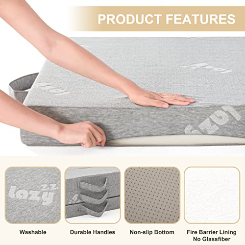 Lazyzizi Sleep 4 Inch Foldable Mattress, Portable Floor Mattress Couch with Headrest, Washable Cover, Foldable Foam Couch Full for Guest Bed, Folding Sofa Bed, Camping, Road Trip， Light Grey