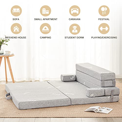 Lazyzizi Sleep 4 Inch Foldable Mattress, Portable Floor Mattress Couch with Headrest, Washable Cover, Foldable Foam Couch Full for Guest Bed, Folding Sofa Bed, Camping, Road Trip， Light Grey