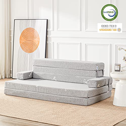 Lazyzizi Sleep 4 Inch Foldable Mattress, Portable Floor Mattress Couch with Headrest, Washable Cover, Foldable Foam Couch Full for Guest Bed, Folding Sofa Bed, Camping, Road Trip， Light Grey