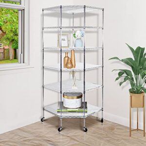 guangshuohui 6-tier metal storage rack with wheels,plated polygonal corner shelf steel wire shelving tower,metal storage shelf unit for garage laundry bathroom kitchen pantry closet, silver