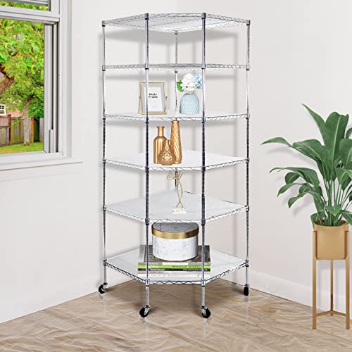 Guangshuohui 6-Tier Metal Storage Rack with Wheels,Plated Polygonal Corner Shelf Steel Wire Shelving Tower,Metal Storage Shelf Unit for Garage Laundry Bathroom Kitchen Pantry Closet, Silver