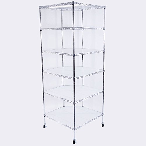 Guangshuohui 6-Tier Metal Storage Rack with Wheels,Plated Polygonal Corner Shelf Steel Wire Shelving Tower,Metal Storage Shelf Unit for Garage Laundry Bathroom Kitchen Pantry Closet, Silver