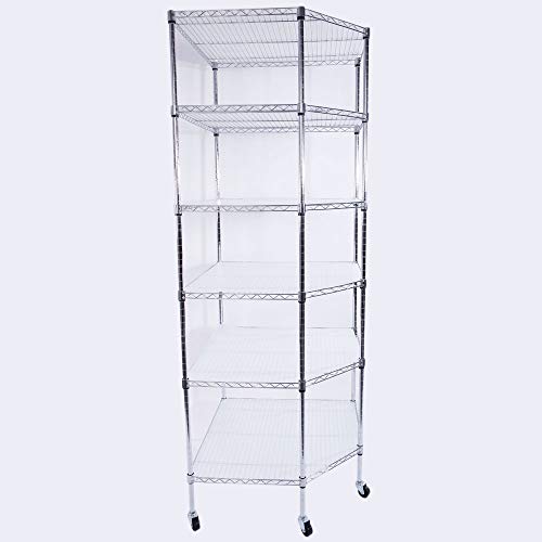 Guangshuohui 6-Tier Metal Storage Rack with Wheels,Plated Polygonal Corner Shelf Steel Wire Shelving Tower,Metal Storage Shelf Unit for Garage Laundry Bathroom Kitchen Pantry Closet, Silver