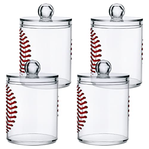 WELLDAY Apothecary Jars Bathroom Storage Organizer with Lid - 14 oz Qtip Holder Storage Canister, Sport Baseball Print Clear Plastic Jar for Cotton Swab, Cotton Ball, Floss Picks, Makeup Sponges,Hair