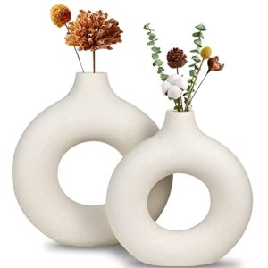 white ceramic vase, modern vase for minimalist decor, hollow round matte pampas flower vases for boho home wedding party room dinner table shelf decor (2pcs)