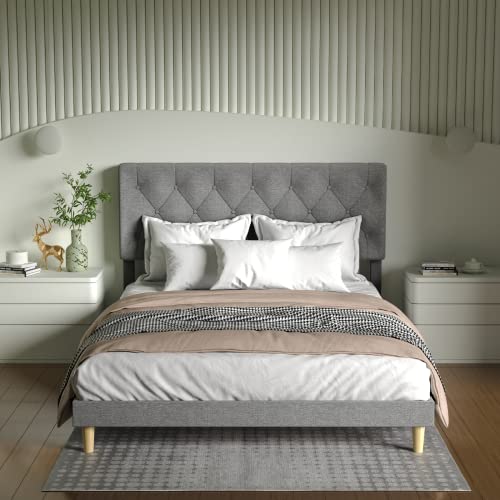 SunsGrove Queen Size Bed Frame with Button Tufted Headboard, Strong Wood Slat Support, Mattress Foundation, No Box Spring Needed, Easy Assembly, Queen Upholstered Platform Bed Frame in Gray Fabric