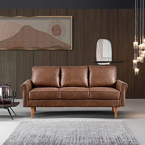 XIZZI Mid-Century Modern Sofa 3-Seat Couch with Rolled Arm and Wood Grain Legs for Living Room,74" W Dark Brown