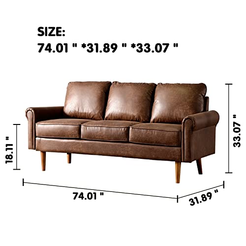 XIZZI Mid-Century Modern Sofa 3-Seat Couch with Rolled Arm and Wood Grain Legs for Living Room,74" W Dark Brown