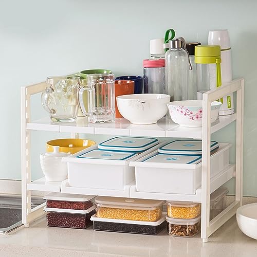 Aluvee Under Sink Storage and Organiser - Multipurpose Sliding 2-Tier Under Sink Organiser for Bathroom Kitchen - Top & Bottom Sliding Cabinet Organiser, White