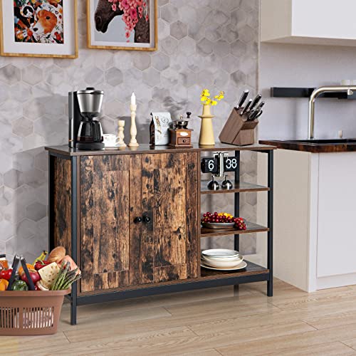 GOFLAME Buffet Storage Cabinet, Industrial Sideboard Cabinet with 2 Doors, Adjustable Shelf & 3-Tier Rack, Freestanding Coffee Bar Cabinet for Kitchen, Living Room, Rustic Brown