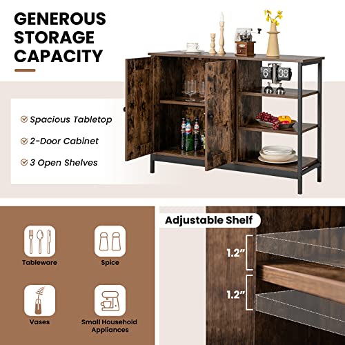 GOFLAME Buffet Storage Cabinet, Industrial Sideboard Cabinet with 2 Doors, Adjustable Shelf & 3-Tier Rack, Freestanding Coffee Bar Cabinet for Kitchen, Living Room, Rustic Brown