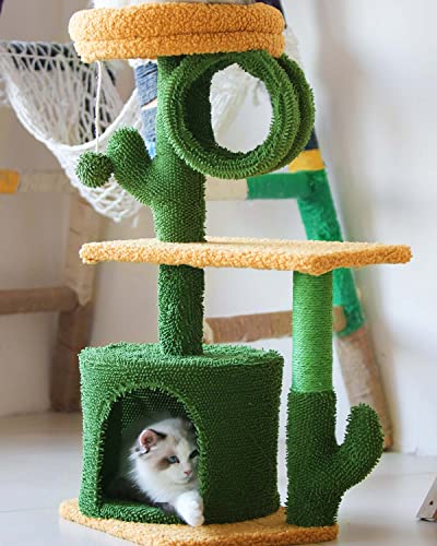 KIYUMI US20L Cat Tree Cat Tower Sisal Scratching Posts Cat Condo Play House Hammock Jump Platform Cat Furniture Activity Center Green