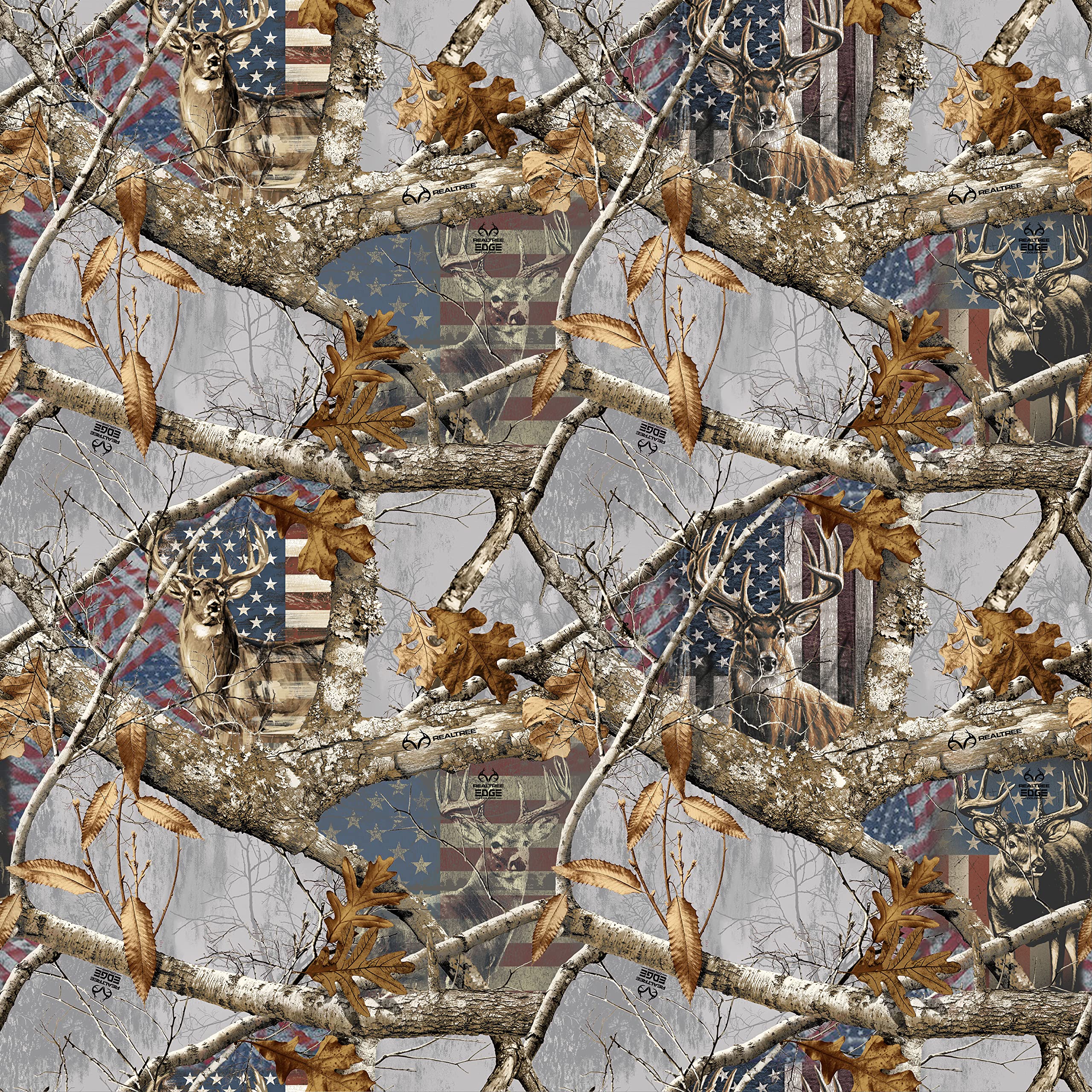 Realtree Cotton Fabric by Sykel-Licensed Realtree Edge Arctic Deer and Flag Patriotic Cotton Fabric