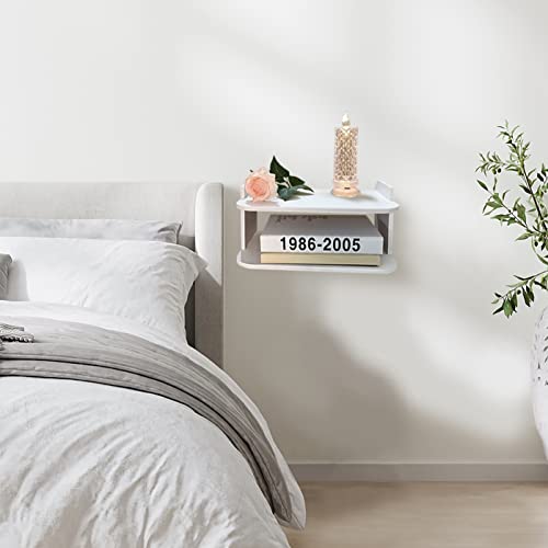 THUMEYE Floating Nightstand for Bedrooms, 7.5'' D x 11.8'' W x 5.9'' H, Punching-Free, Small Floating Wall Mounted Bedside Table, Hanging Shelf, White