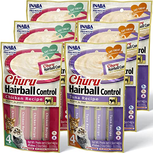 INABA Churu for Cats, Functional, Creamy Lickable Purée Cat Treat for Hairball Control with Taurine & Vitamin E, 0.5 Ounces Each, 24 Tubes (4 per Pack), Tuna and Chicken Variety Pack