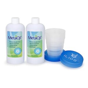 metaqil oral rinse, relieve metallic, bitter and other taste disorders, made from natural ingredients, cools and freshens breath, 8 oz bottle, 2 count. contains a free ilios travel cup