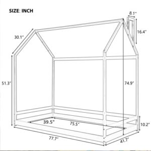 Merax Twin Size House Bed Wood Bed with Roof, Can be Decorated for Girls, Boys, Children House Bed Wooden Floor Bed, White