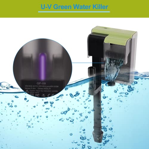 Yekavo Aquarium Filter, Quiet U-V Fish Tank Filter, Waterfall Adjustable Hang on Filter with Surface Skimmer, Green Water Killer, 5 Layers Filtration for 10 to 20 Gallons Freshwater Saltwater Tank