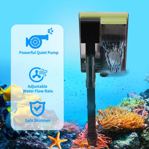 Yekavo Aquarium Filter, Quiet U-V Fish Tank Filter, Waterfall Adjustable Hang on Filter with Surface Skimmer, Green Water Killer, 5 Layers Filtration for 10 to 20 Gallons Freshwater Saltwater Tank