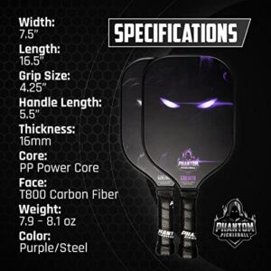 Phantom Goliath 16mm Carbon Fiber Elongated Body Pickleball Paddles - Max Grit and Spin - USAPA Approved – Pickleball Rackets - Pickle-Ball Equipment with Polypropylene Core – Lightweight (Purple)