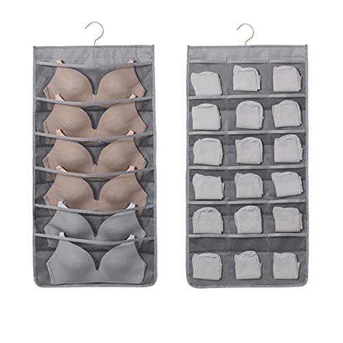 LSHDXD Closet Hanging Bra Organizer with Rotating Metal Hanger，Dual Sided Mesh Pockets Storage Bag，Hanging Wall Shelf Wardrobe Organizer for Bra Underwear Underpants Socks (6+18 Pockets)