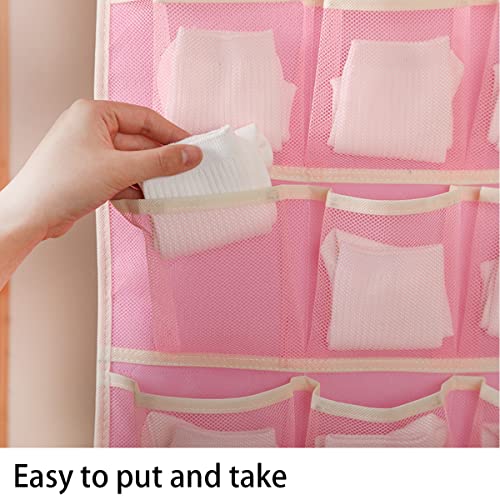 LSHDXD Closet Hanging Bra Organizer with Rotating Metal Hanger，Dual Sided Mesh Pockets Storage Bag，Hanging Wall Shelf Wardrobe Organizer for Bra Underwear Underpants Socks (6+18 Pockets)