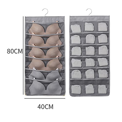 LSHDXD Closet Hanging Bra Organizer with Rotating Metal Hanger，Dual Sided Mesh Pockets Storage Bag，Hanging Wall Shelf Wardrobe Organizer for Bra Underwear Underpants Socks (6+18 Pockets)