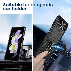 VEGO for Samsung Galaxy Z Flip 4 Case with Slide Camera Cover, Hinge Protection Case with 360°Ring Magnetic Kickstand & Belt Clip Holster Heavy Duty Protective Armor Case for Galaxy Z Flip 4 - Black