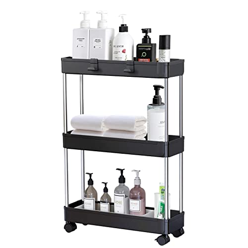 Slim Rolling Storage Cart for Bathroom Organizer,Laundry Room,3 Tier Mobile Utility Cart for Kitchen, Office, Narrow Places