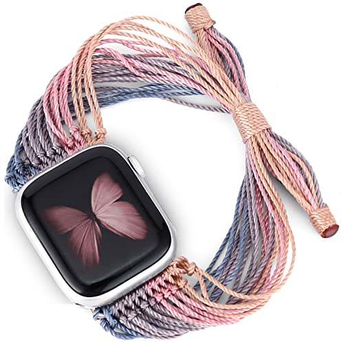 JR.DM Boho Watch Band, Compatible with Apple Watch Band 8/SE/7/6/5/4/3/2/1 38mm 40mm 41mm for Girls Women 40mm-Women-Band Christmas Gift, Handmade Bracelets Hippie String Art (Afterglow)