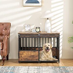 KOOPRO 40 Inch Dog Crate Furniture with Cushion for Large Medium Dogs, Wooden Heavy Duty Dog Kennel with Double Doors, Decorative Pet House Dog Cage Side End Table Indoor, Sliding Door Chew-Resistant