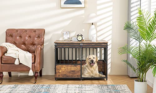 KOOPRO 40 Inch Dog Crate Furniture with Cushion for Large Medium Dogs, Wooden Heavy Duty Dog Kennel with Double Doors, Decorative Pet House Dog Cage Side End Table Indoor, Sliding Door Chew-Resistant