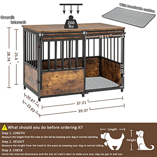 KOOPRO 40 Inch Dog Crate Furniture with Cushion for Large Medium Dogs, Wooden Heavy Duty Dog Kennel with Double Doors, Decorative Pet House Dog Cage Side End Table Indoor, Sliding Door Chew-Resistant