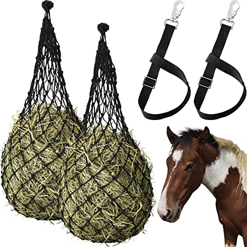 4 Pcs Slow Feed Hay Feeder for Horses, 2 x 2 Holes 40 Inch Length Goat Feed Hay Net Adjustable Nylon Hanging Strap Hay Bags for Horses Feed, Trailer and Stall, Reduce Waste, Black