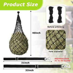 4 Pcs Slow Feed Hay Feeder for Horses, 2 x 2 Holes 40 Inch Length Goat Feed Hay Net Adjustable Nylon Hanging Strap Hay Bags for Horses Feed, Trailer and Stall, Reduce Waste, Black